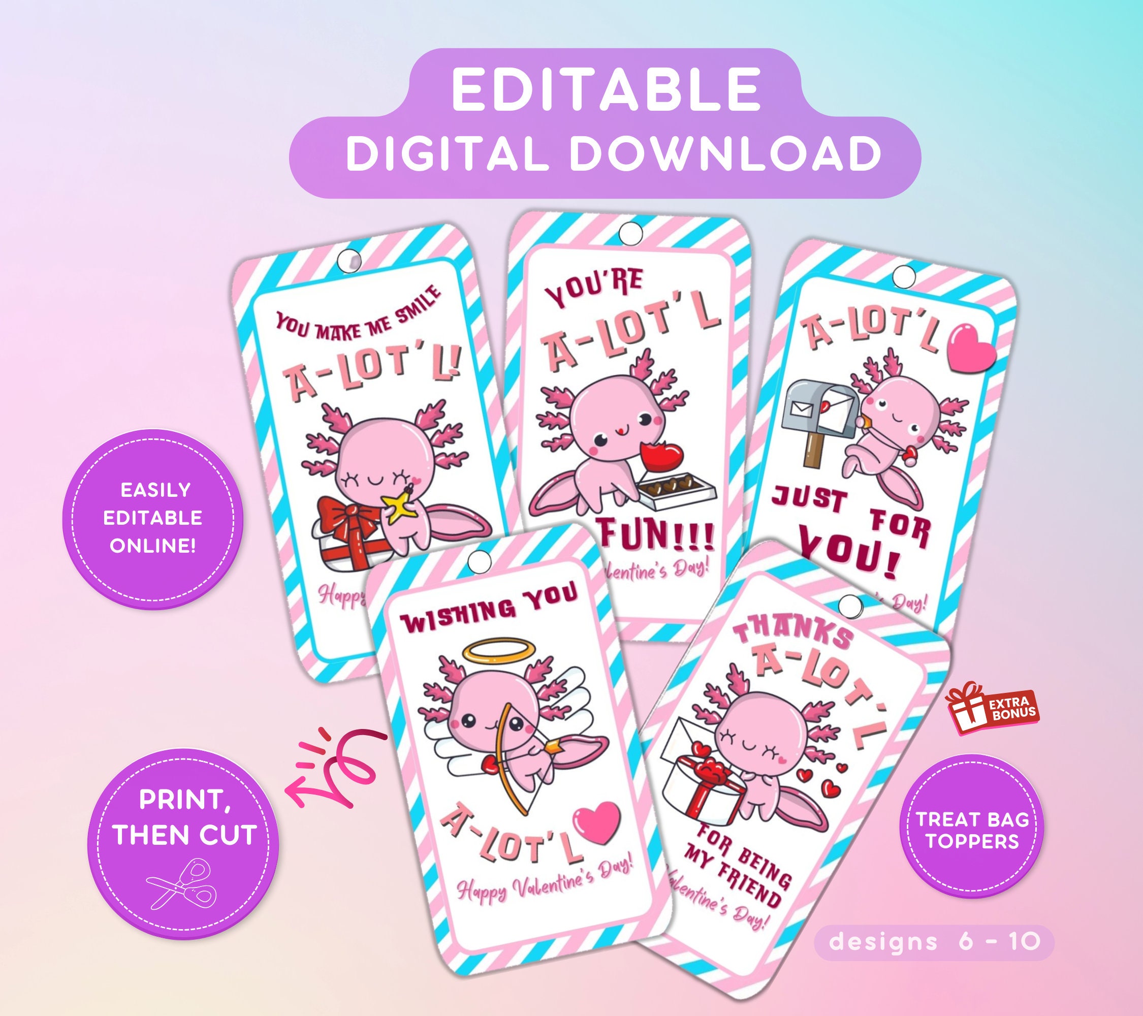 Editable Axolotl Valentine's Day Gift Tags FREE Bonus Treat/ Cookie Bag ...