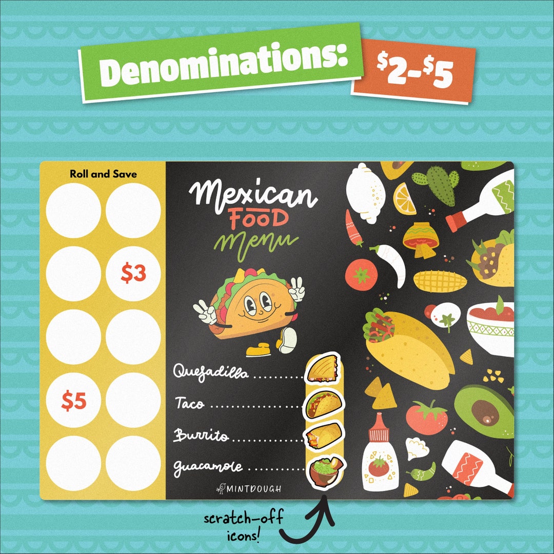 Mexican Food Menu Scratch + Roll & Save Challenge-savings Tracker, Fund ...