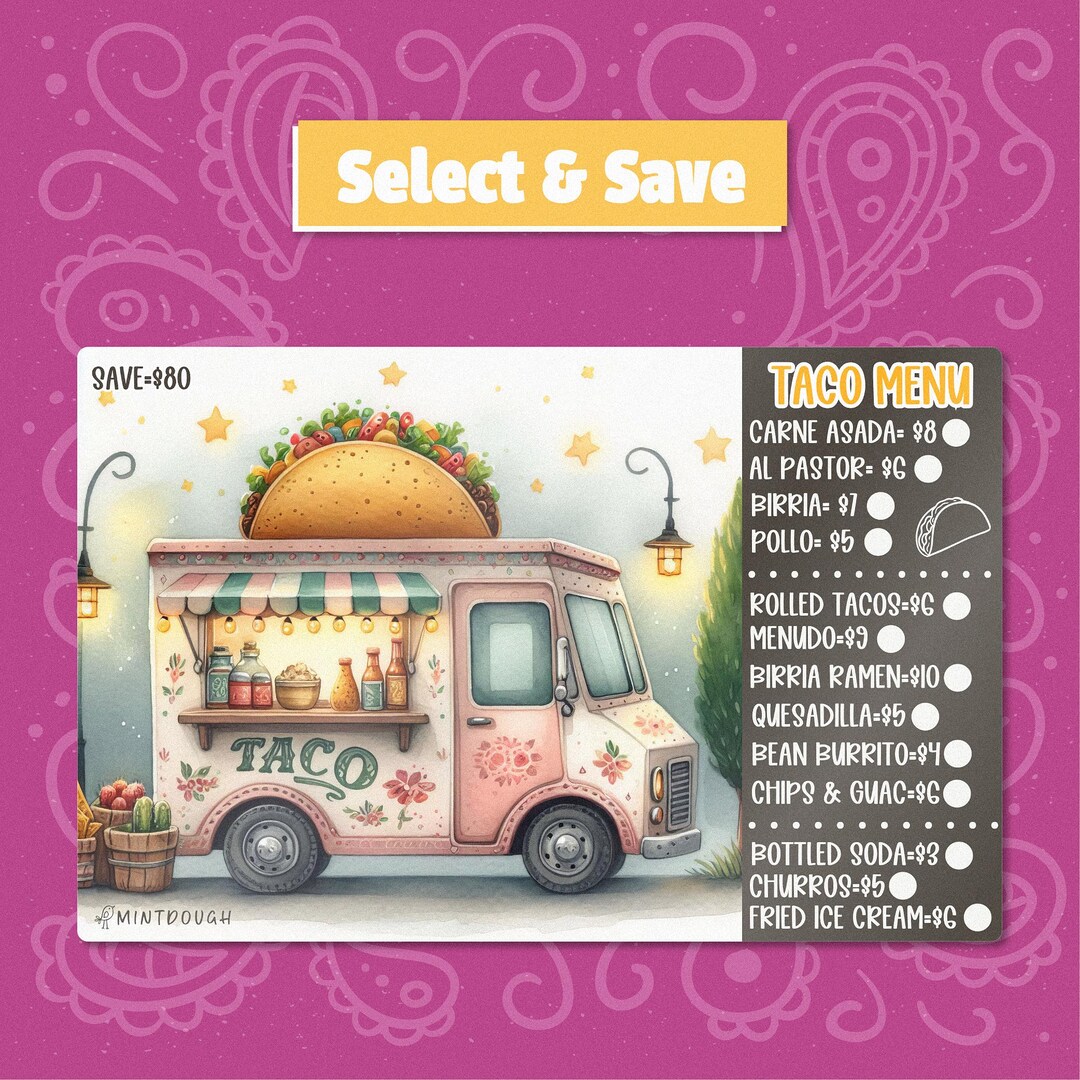 Taco Truck Menu Select & Save Challenge - Savings Tracker, Fund Tracker ...
