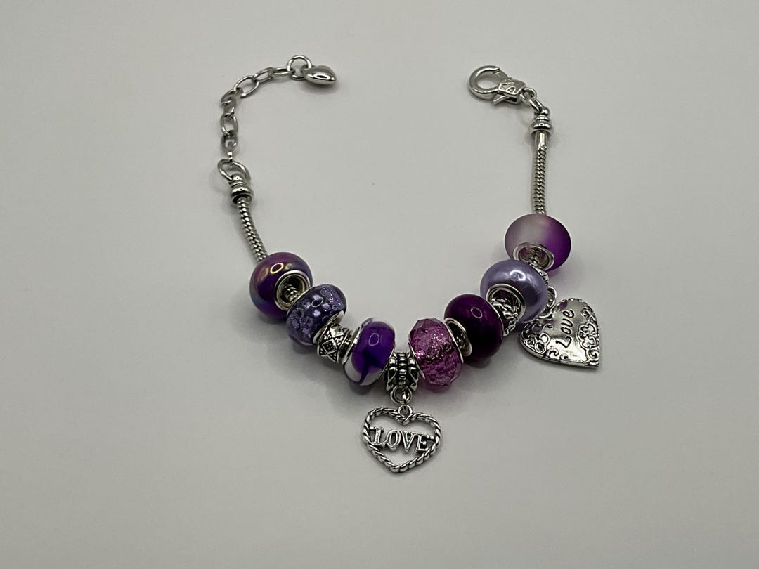 Pandora European Style Charm Bracelet With Purple Beads and Charms ...