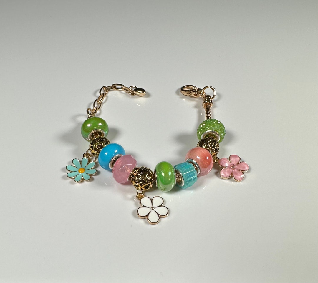 Pandora European Style Charm Bracelet With Pastel Colored Beads and ...