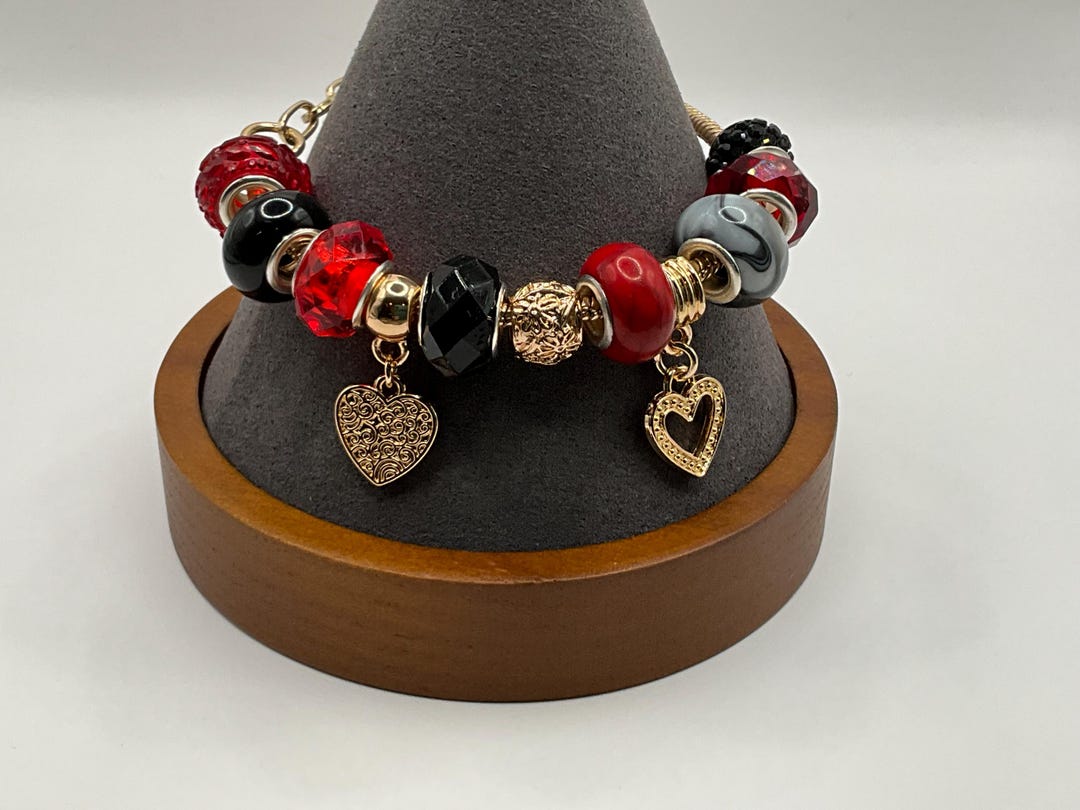 Pandora European Style Charm Bracelet, Red and Black Beads, Handmade ...