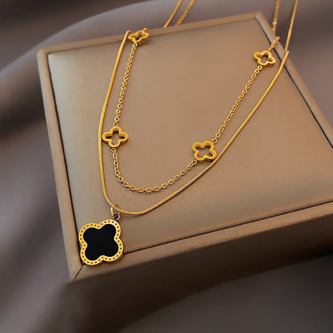 Stainless Steel Four Leaf Clover Double Chain Adjustable Necklace ...