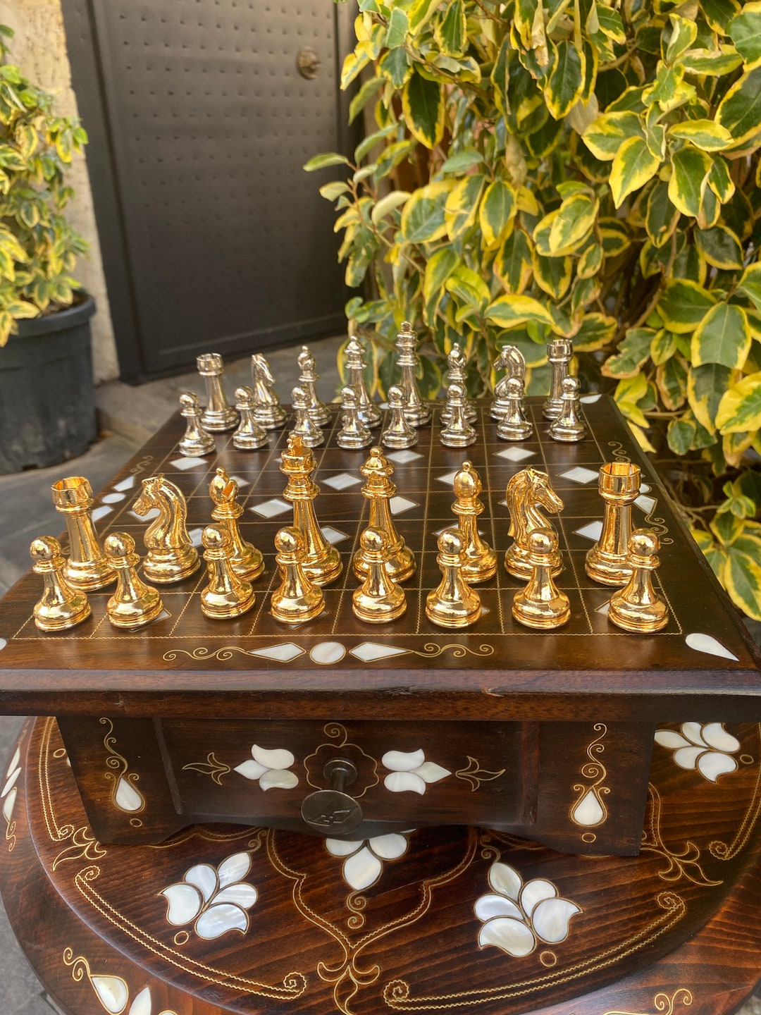 Chess Set With Wooden Drawer, Mother of Pearl Inlaid Chess, Gift for ...