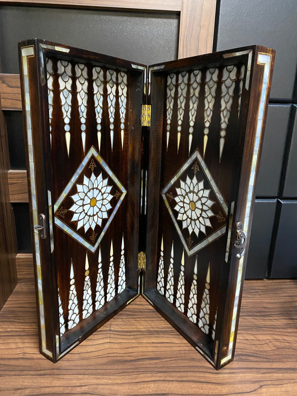 Mother of Pearl Inlaid Backgammon Chess Walnut Wood and Bronze Wire ...