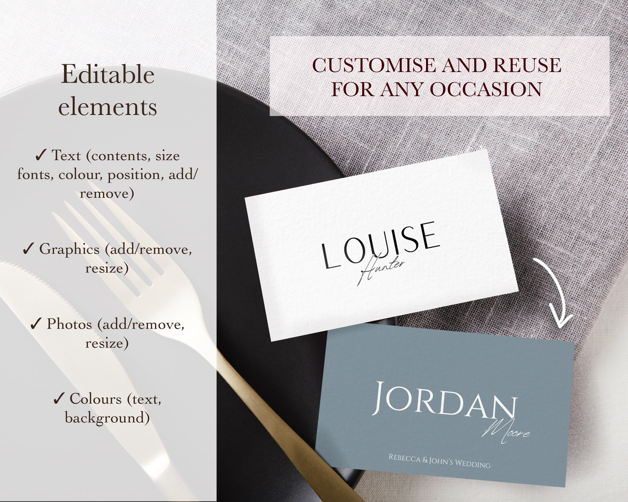 Printable Place Card Template: Canva Editable Elegant Name Cards for ...