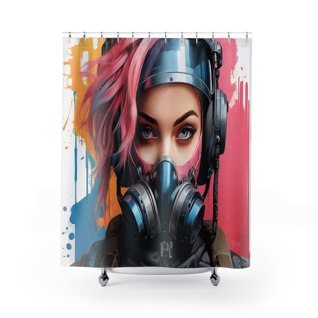 Pink Haired Cyberpunk Gas Mask Shower Curtains - Etsy