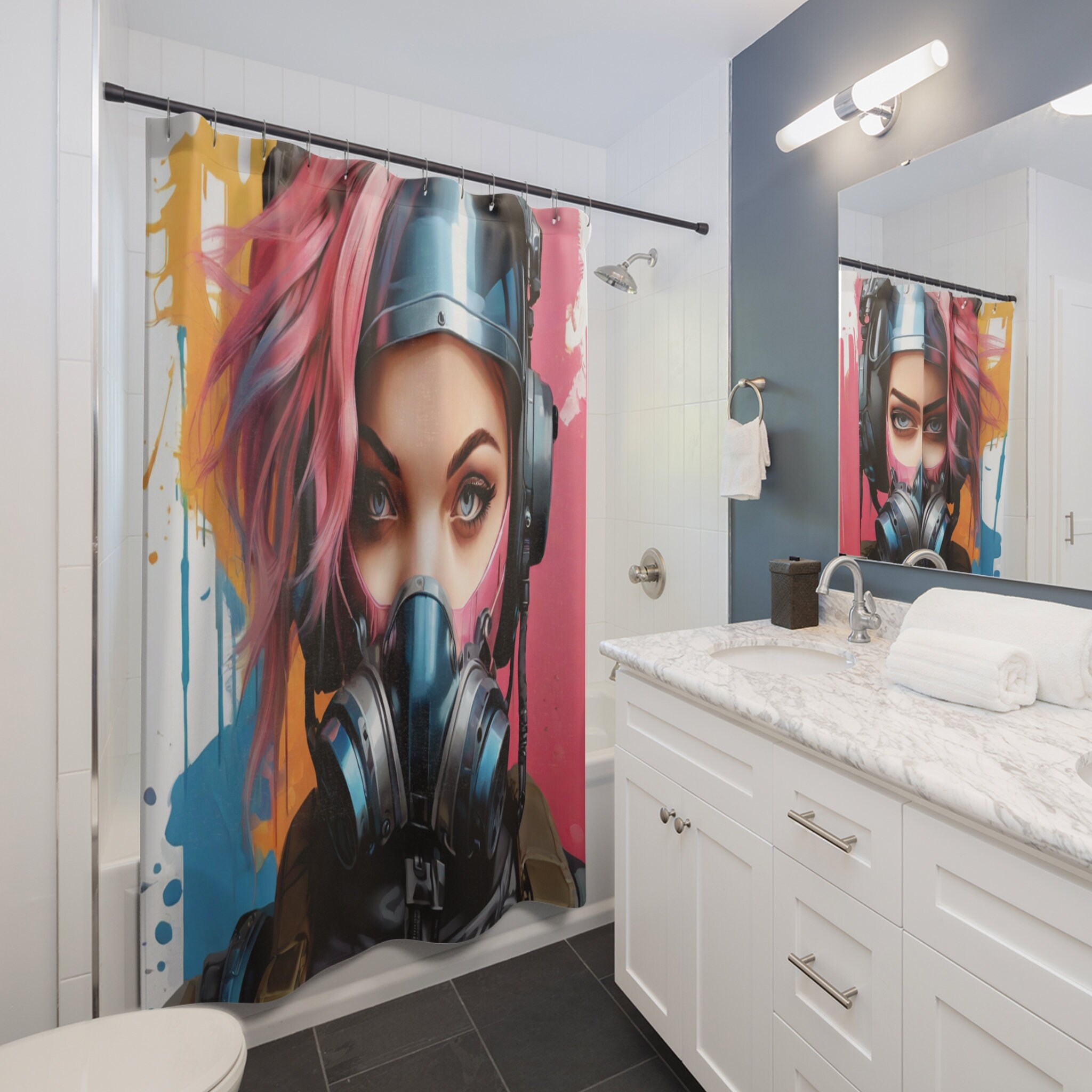 Pink Haired Cyberpunk Gas Mask Shower Curtains - Etsy