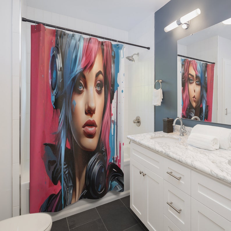 Blue Pink Haired Cyberpunk Girl Shower Curtains - Etsy