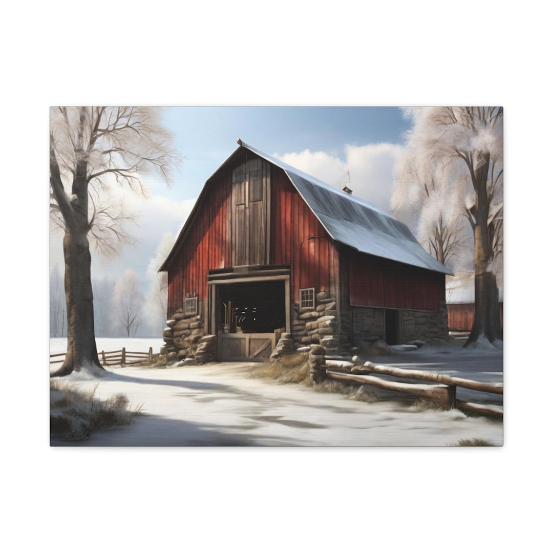 Red Barn Winter Scene Icy Trees Canvas Gallery Wraps - Etsy