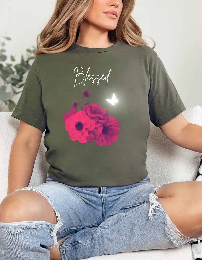 Elegant Blessed Pink Flower and Butterfly Tshirt With a Radiant Glow ...