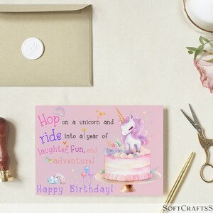 Unicorn Birthday Cake Card Printable, Pink Happy Birthday Card for ...