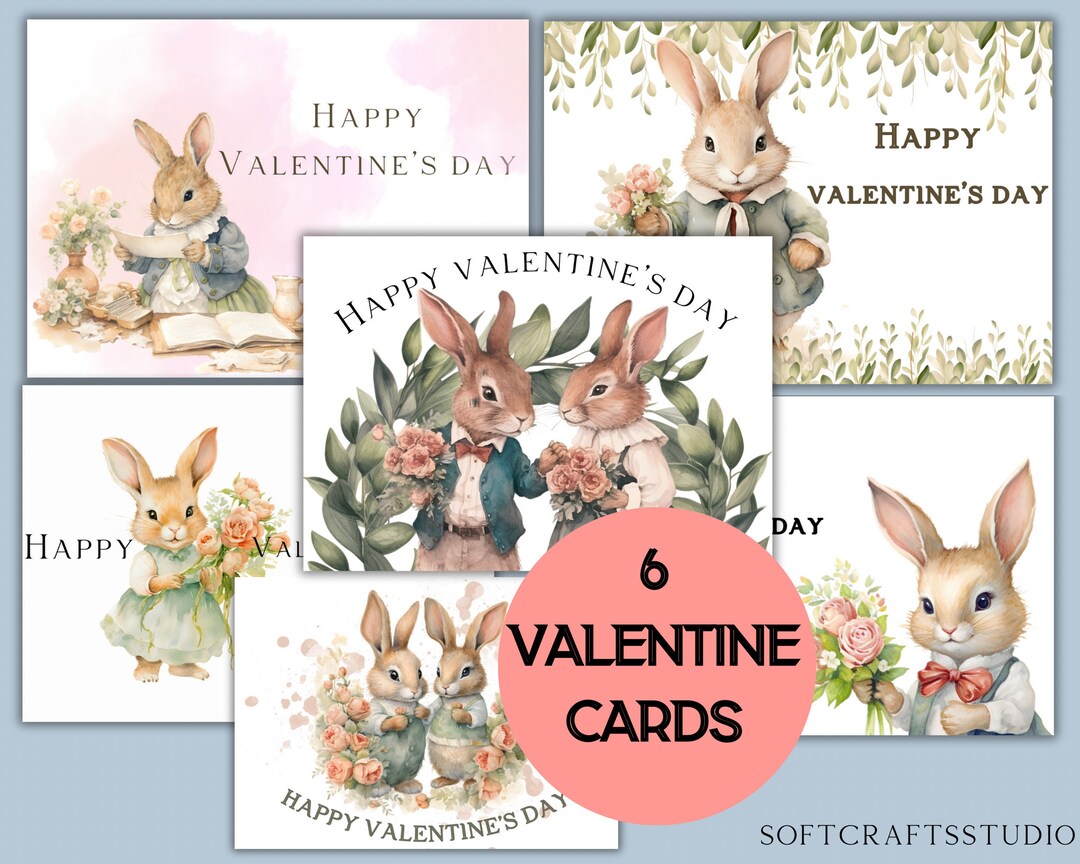 Printable Watercolor Bunny Valentine Card 6 Pack,six Valentine Bunny ...
