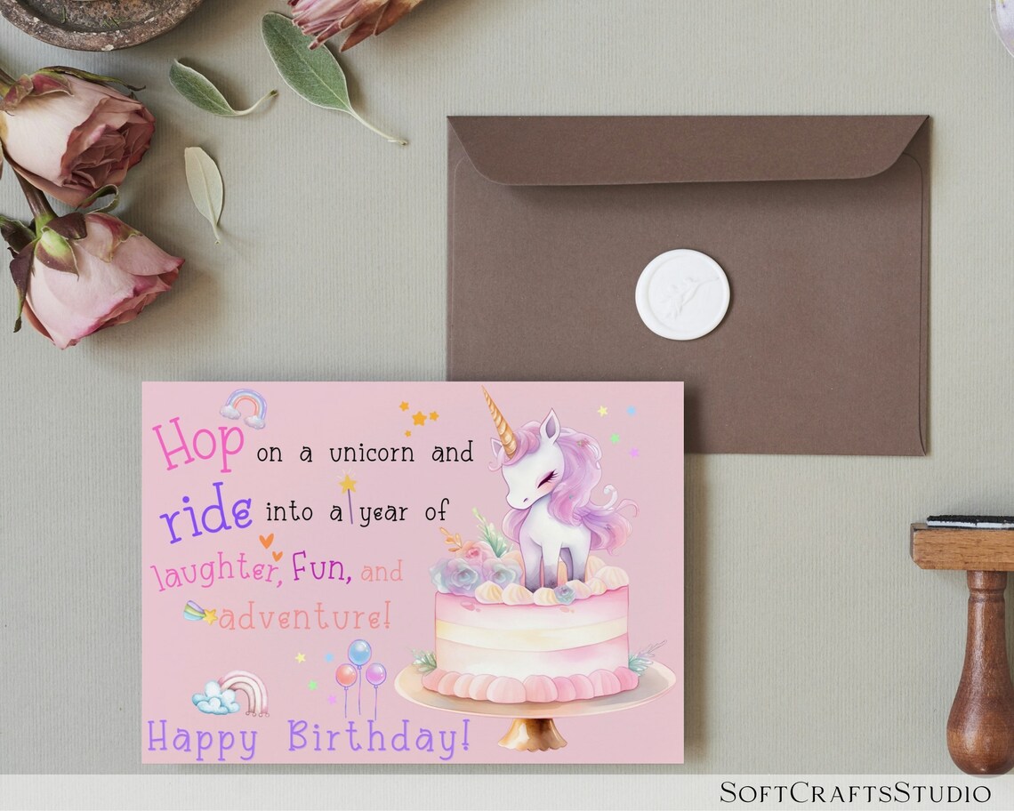 Unicorn Birthday Cake Card Printable, Pink Happy Birthday Card for ...