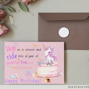Unicorn Birthday Cake Card Printable, Pink Happy Birthday Card for ...