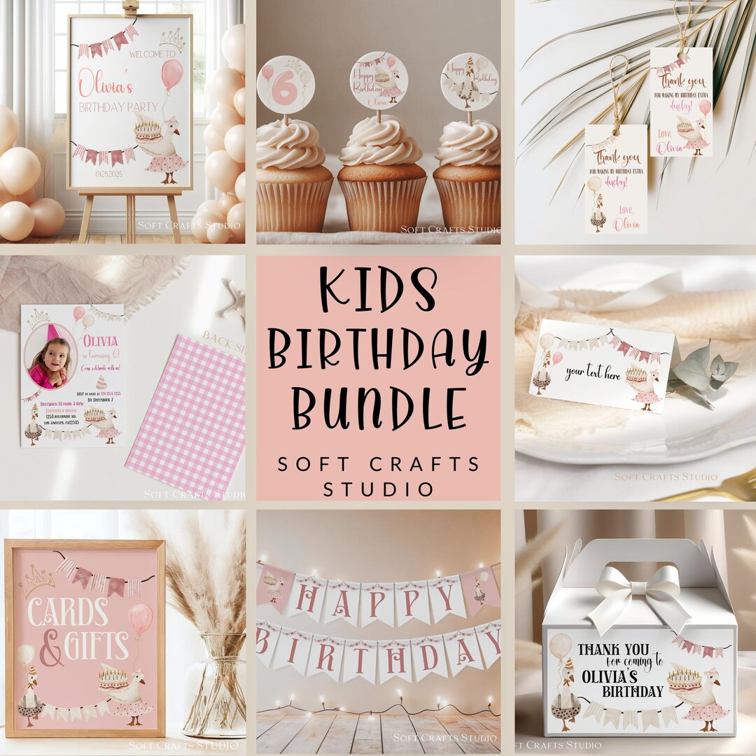 Printable Kids Pink Goose Theme Birthday Party Bundle, Girl Birthday ...