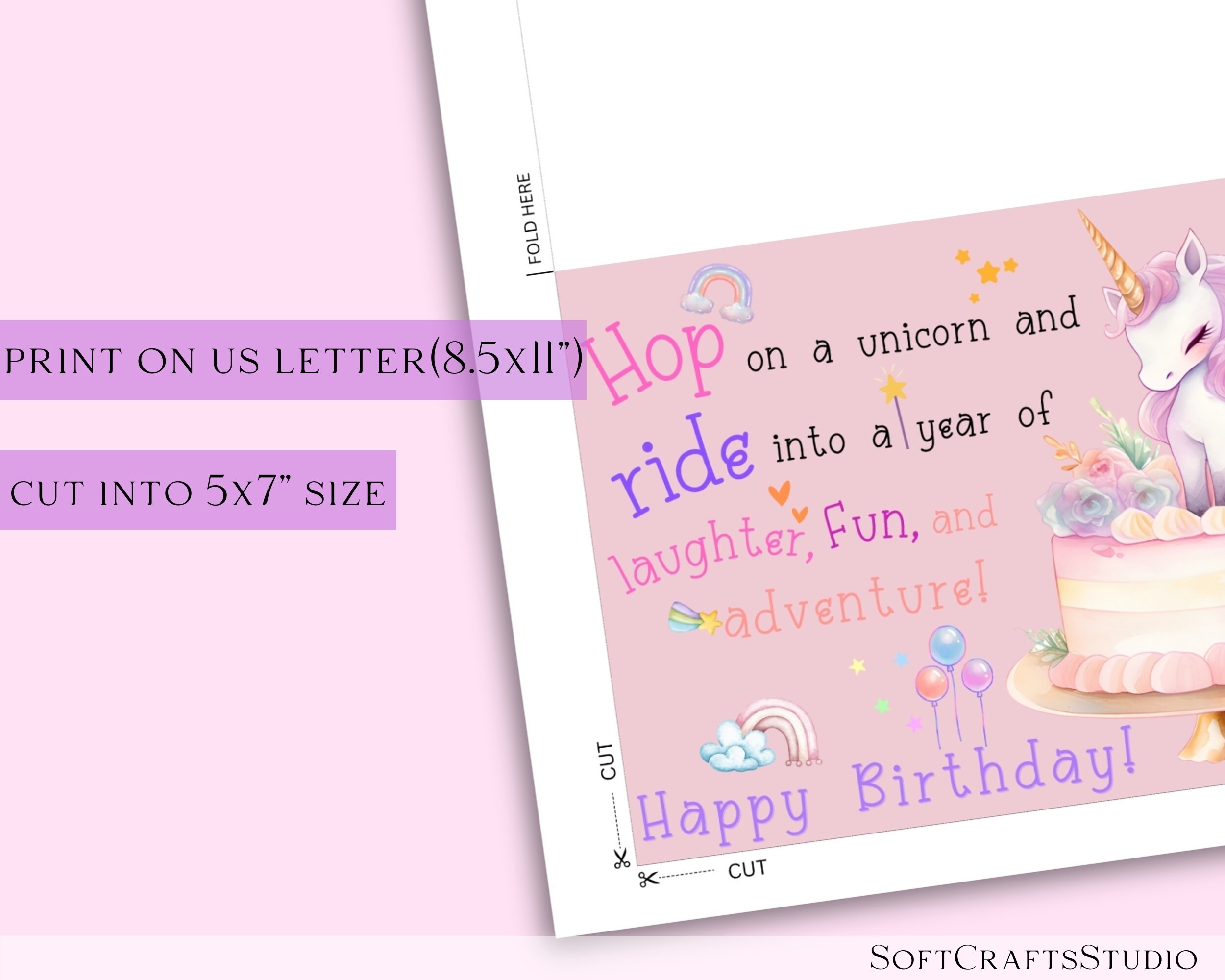 Unicorn Birthday Cake Card Printable, Pink Happy Birthday Card for ...