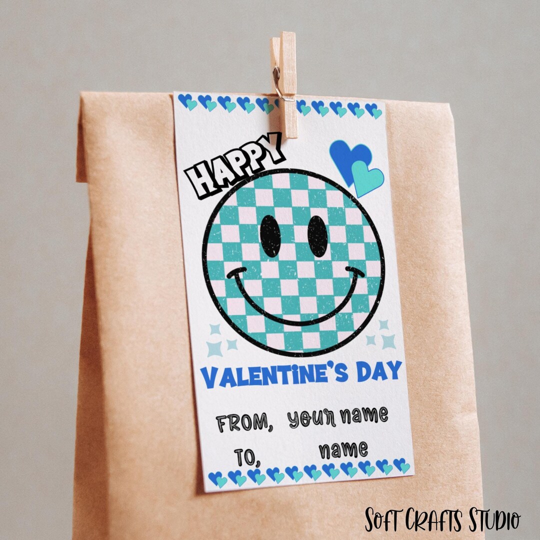Cute Retro Blue Smiley Face Valentine's Day Gift Tag for Kids-printable ...