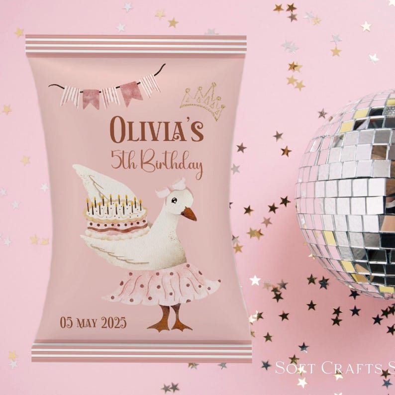 Editable Pink Goose Birthday Party Chip Bag Wrapper Labels, Kids ...