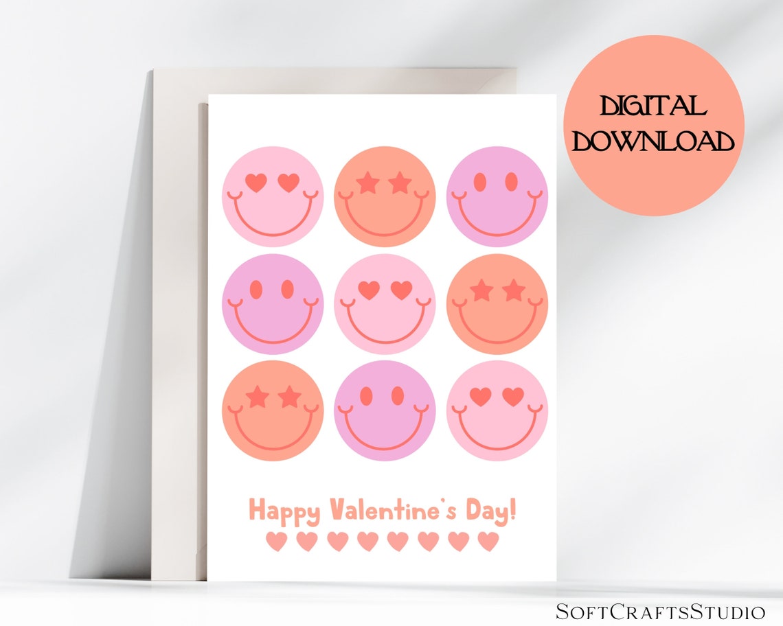 Printable Valentine Card for Kids,pink Heart Valentine Card,happy Smile ...