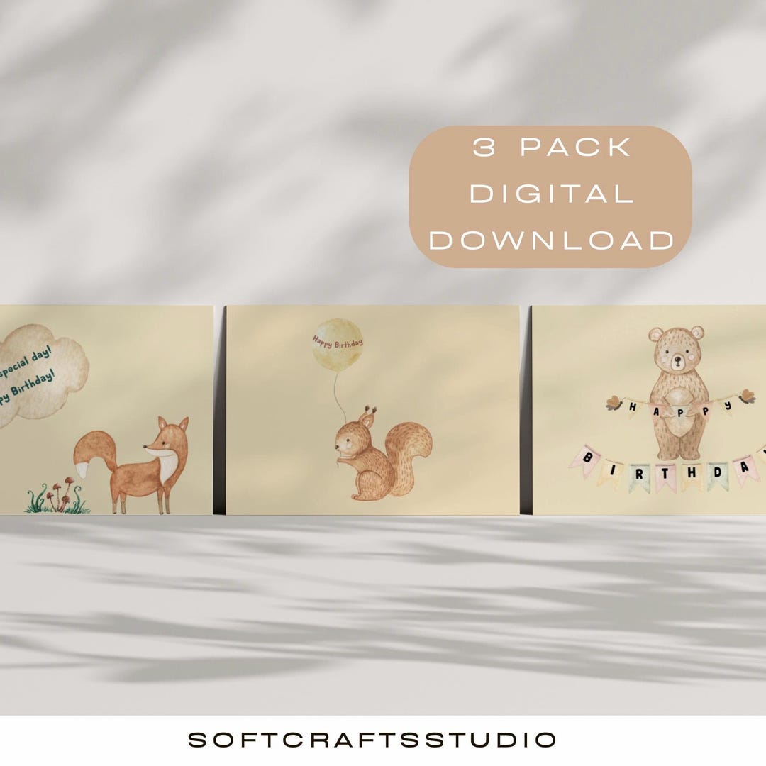 Printable Cute Woodland Happy Birthday Card Set, Forest Animal Birthday ...