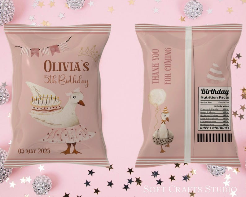 Editable Pink Goose Birthday Party Chip Bag Wrapper Labels, Kids ...