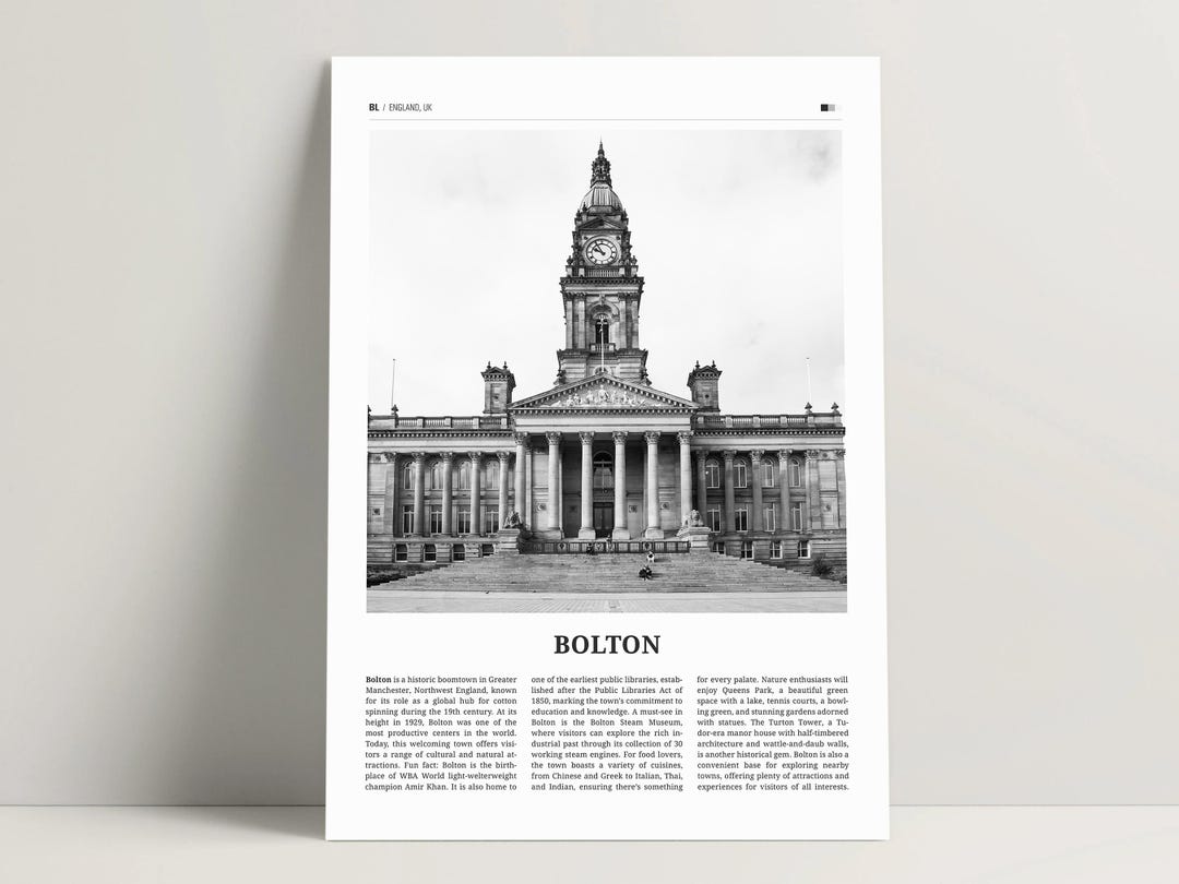 Bolton Print Black & White, Bolton Wall Art, Bolton Poster, Town Hall ...