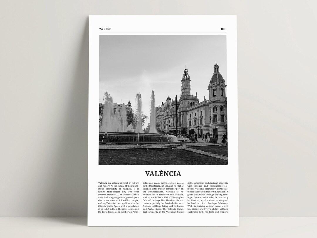 Valencia Print Black & White, Valencia Wall Art, Valencia Poster, Plaza ...