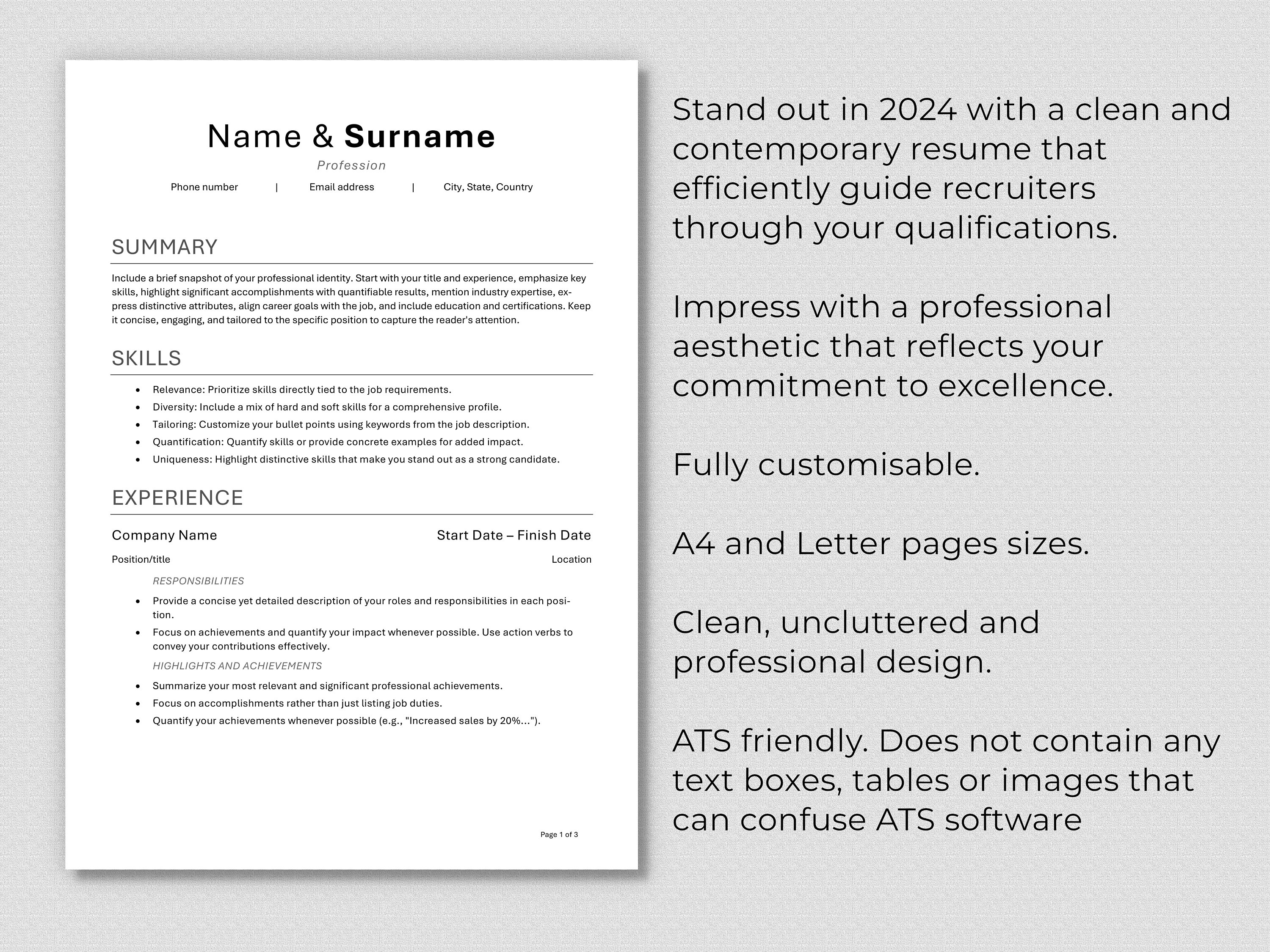 ATS Friendly Resume Template for Microsoft Word Docx Format Instant ...