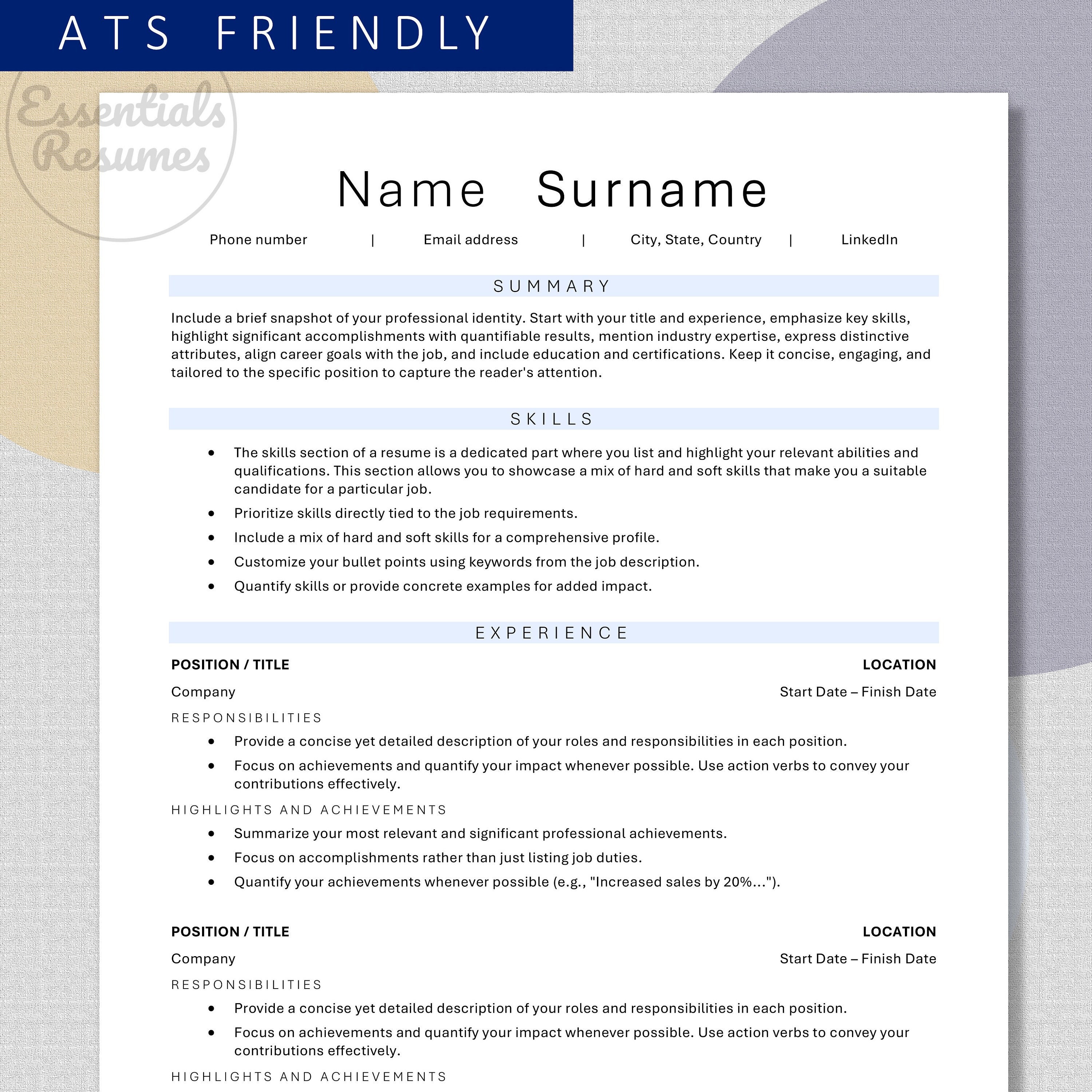 ATS Friendly Resume Template for Microsoft Word Docx Format Minimal ...