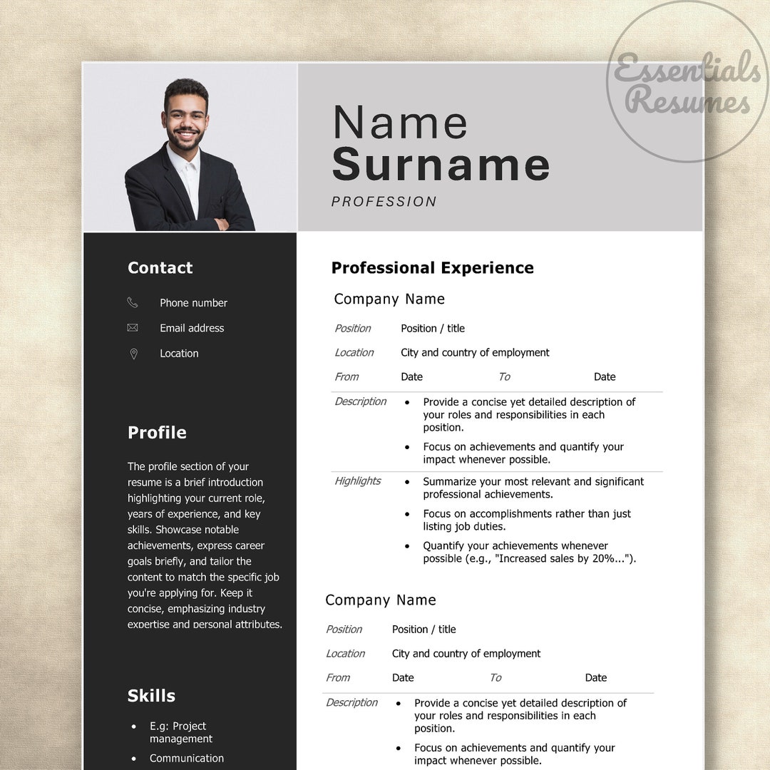 Fully Customizable Resume Template With Photo, Black and White ...