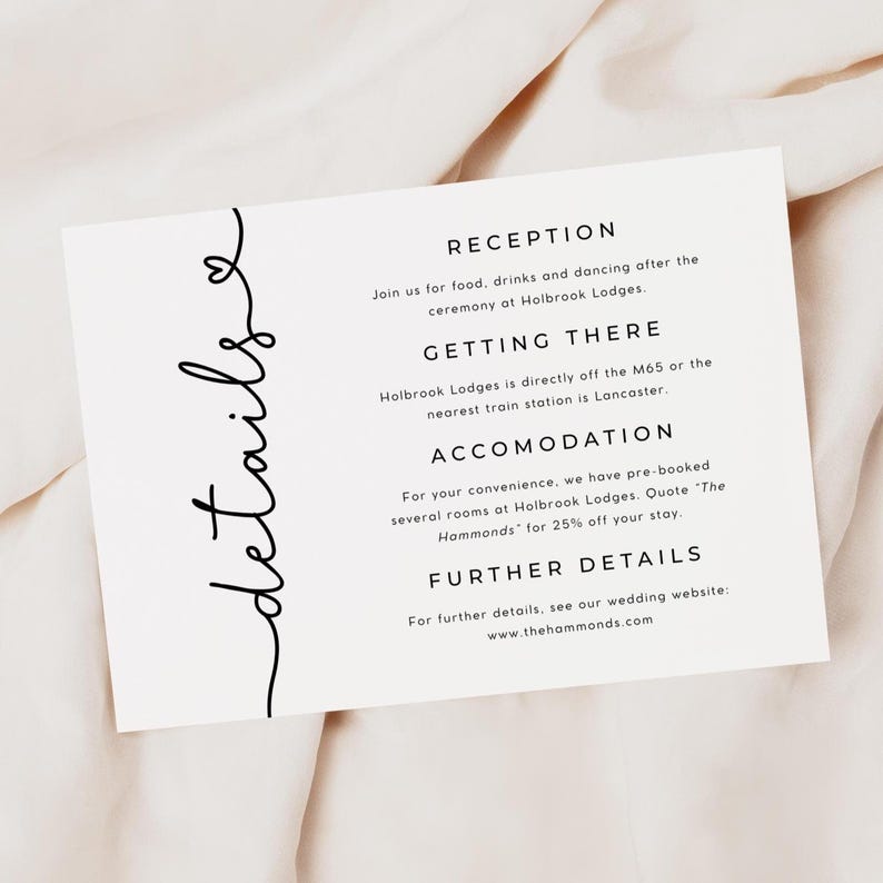 Minimalist Wedding Detail Cards: A6 Printed Details Card - Etsy