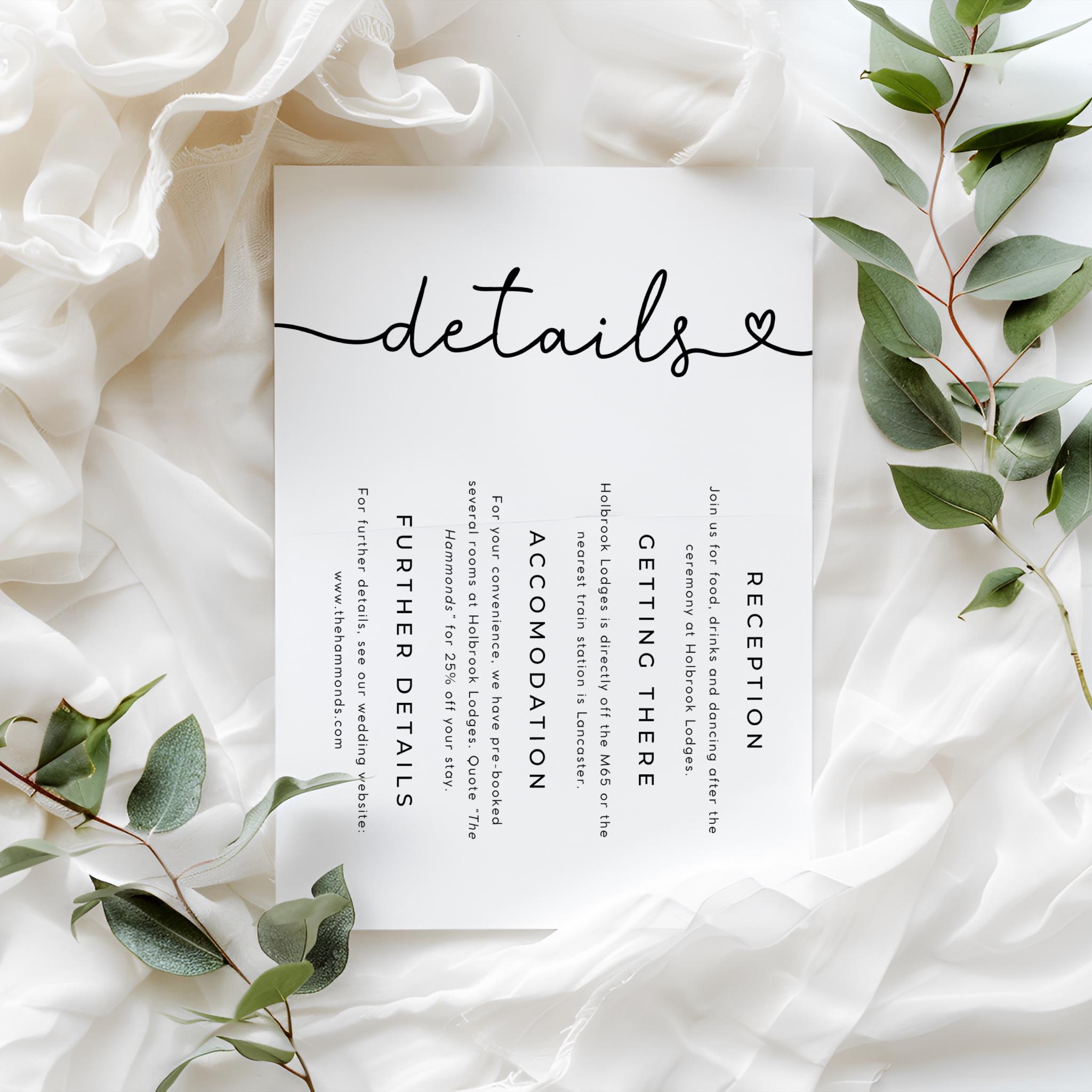 Minimalist Wedding Detail Cards: A6 Printed Details Card - Etsy