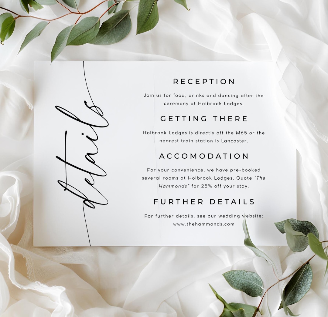 Minimalist Wedding Detail Cards: A6 Printed Details Card - Etsy