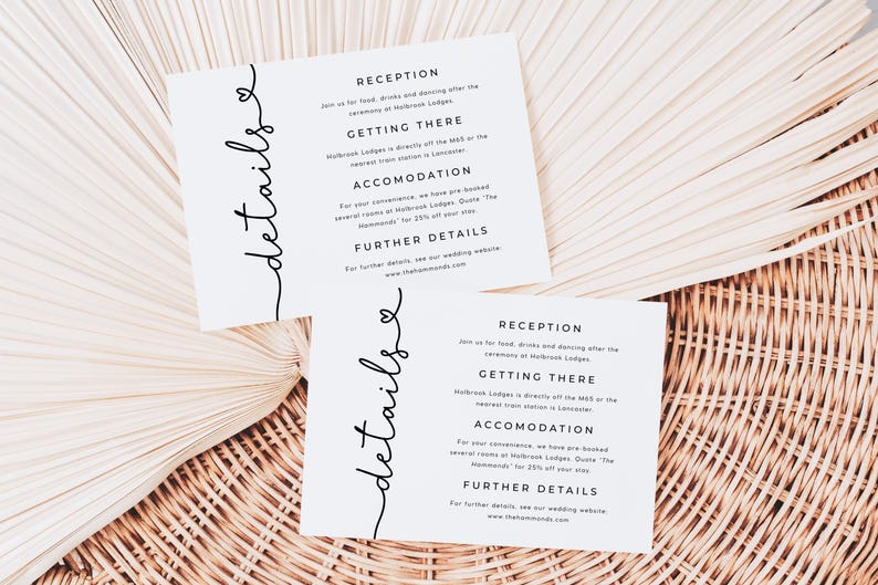 Minimalist Wedding Detail Cards: A6 Printed Details Card - Etsy