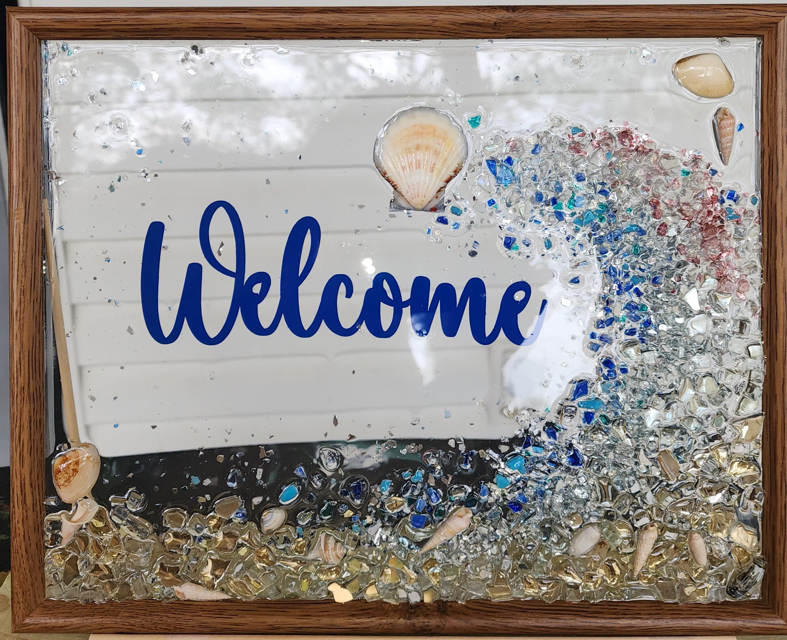 Suncatcher Welcome Sign Made With Crushed Glass, Shells and Resin - Etsy