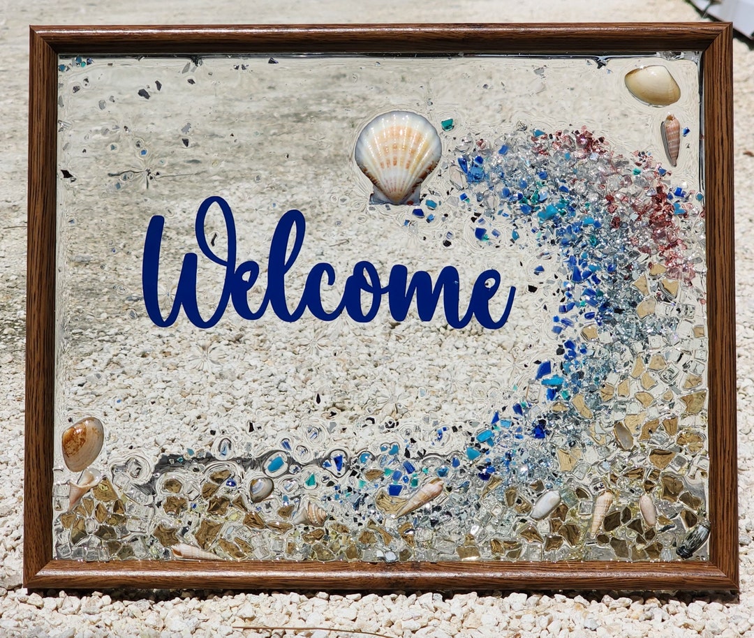 Suncatcher Welcome Sign Made With Crushed Glass, Shells and Resin - Etsy