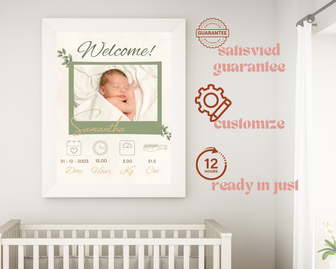 Newborn Personalized Birth Details & Photo Print Baby Gift New Parents ...