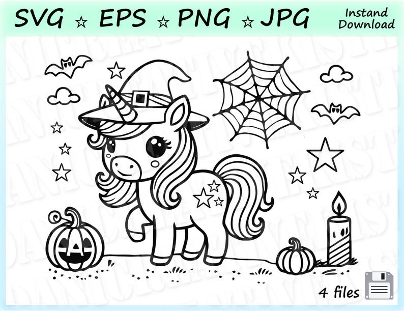 Unicorn Halloween Coloring Page SVG Vector File Cute Motif for Girls ...
