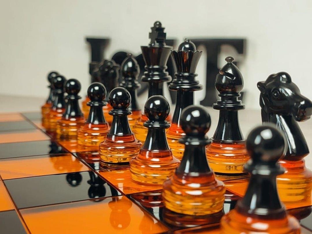 Custom Colors Epoxy Resin Chess Pieces | Black Orange Amber Chess ...