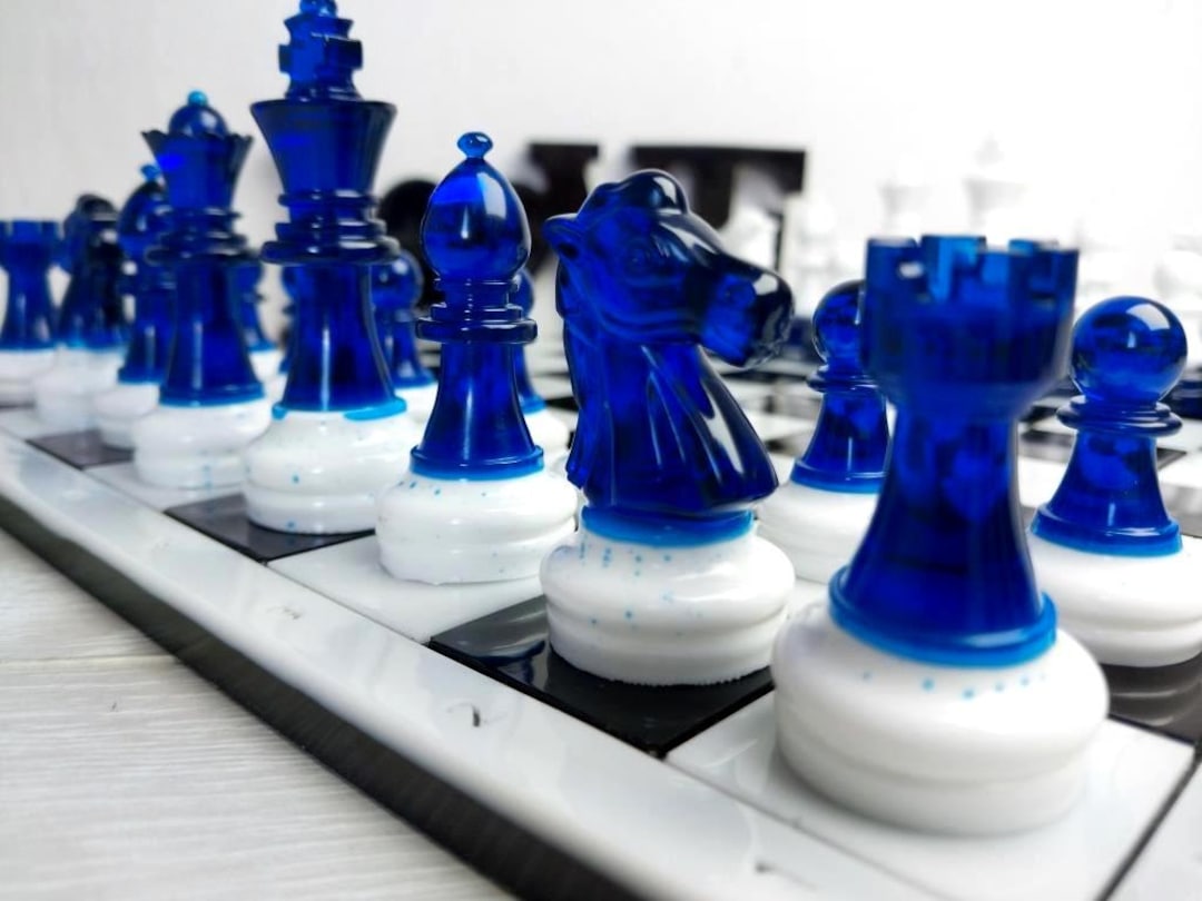Resin Chess Set With Board | Modern White & Blue Chess Pieces - Etsy