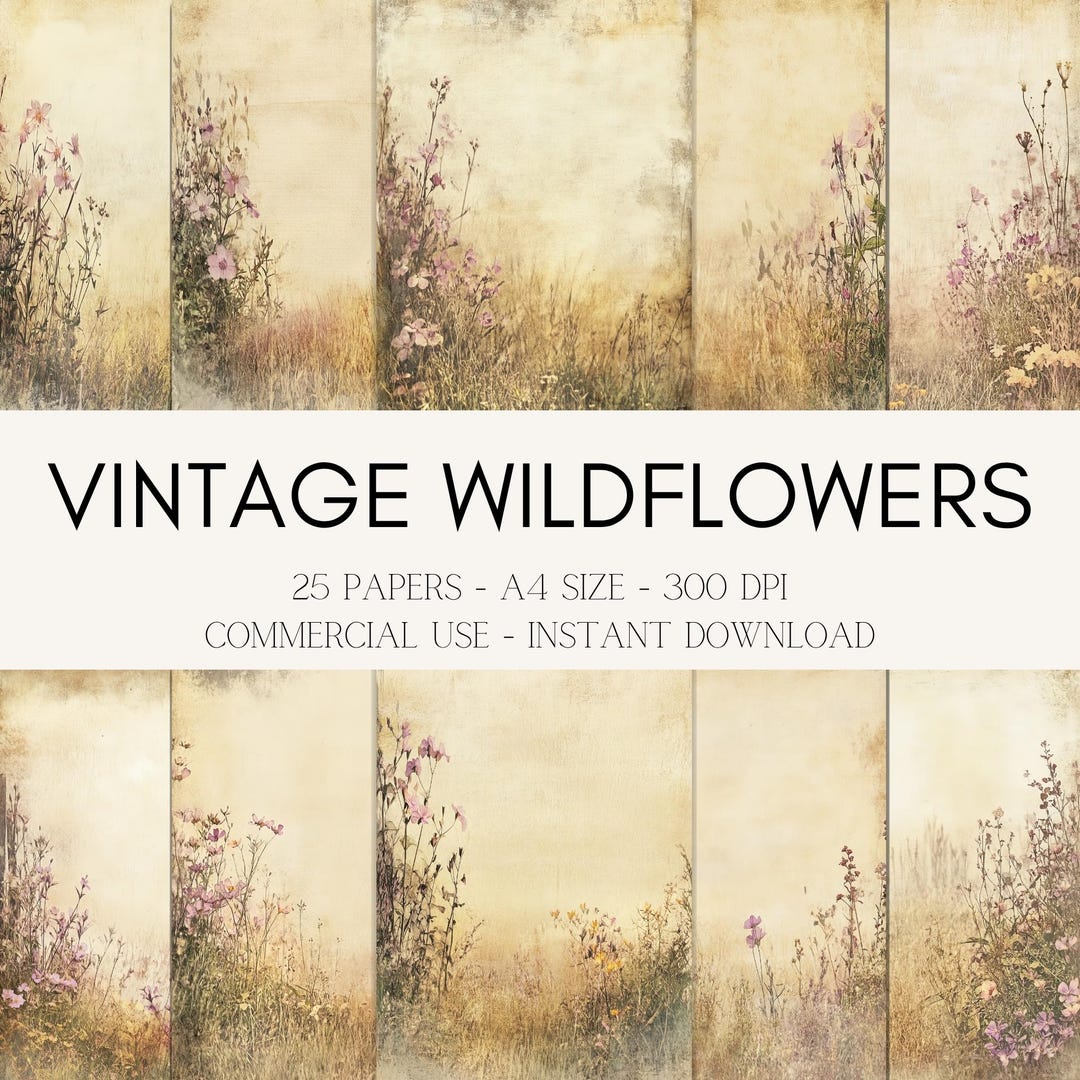 25 Vintage Wildflowers Digital Papers – Rustic Junk Journal Kit With ...