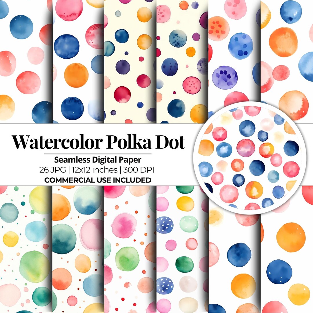 Seamless Watercolor Polka Dot Digital Paper Pack | 26 Jpg Digital Files ...