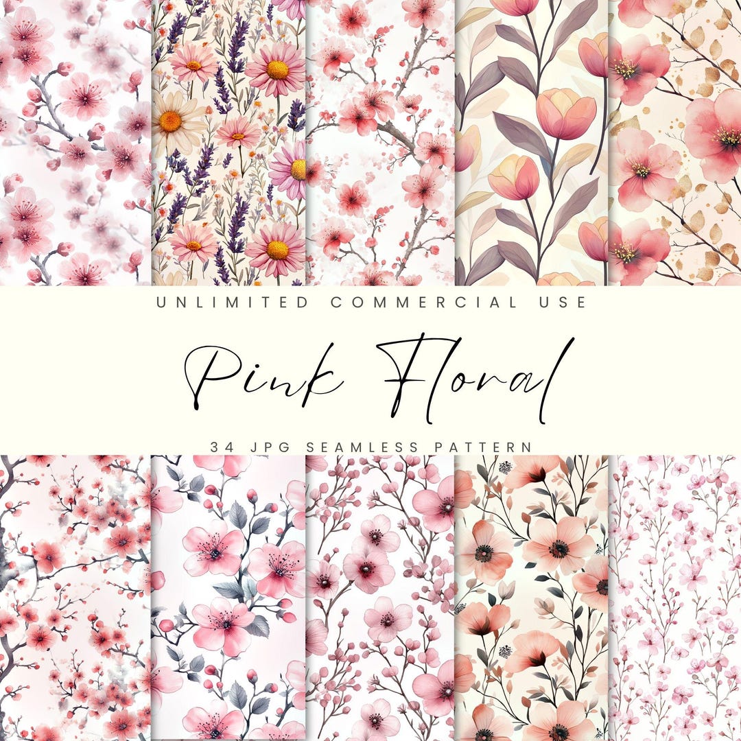 Pink Floral Seamless Pattern, Flower Digital Paper Pack, Watercolor ...