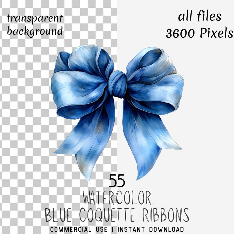 Watercolor Blue Coquette Ribbons Clipart: Bows, Frames (commercial Use ...