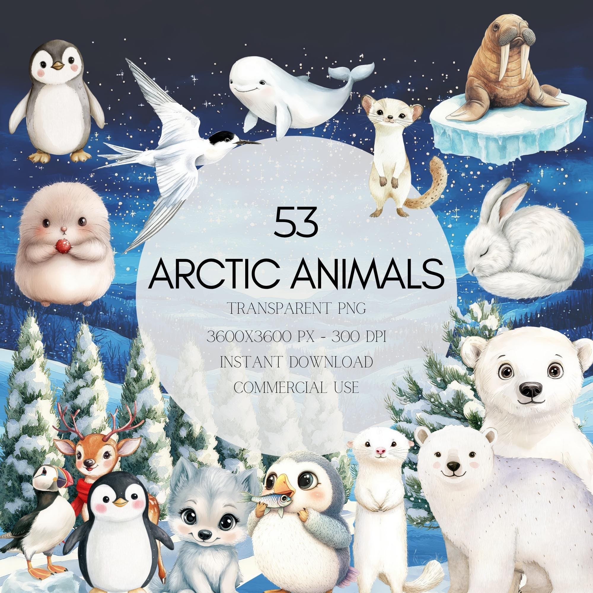 Watercolor Arctic Animals Clipart: Winter Nursery Art (instant Download ...