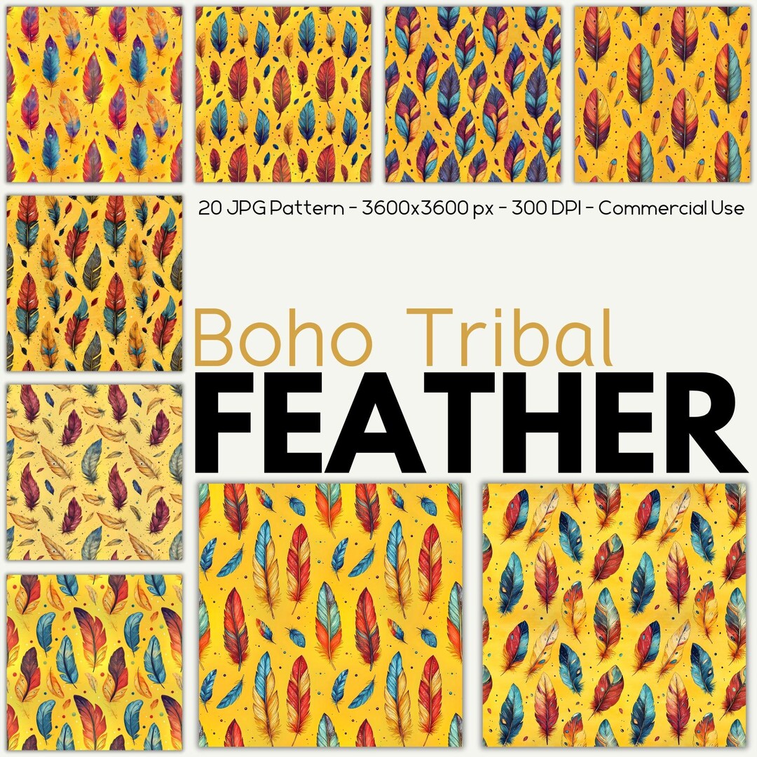 Boho Tribal Feather Seamless Bundle - 20 Watercolor Patterns, 3600x3600 ...