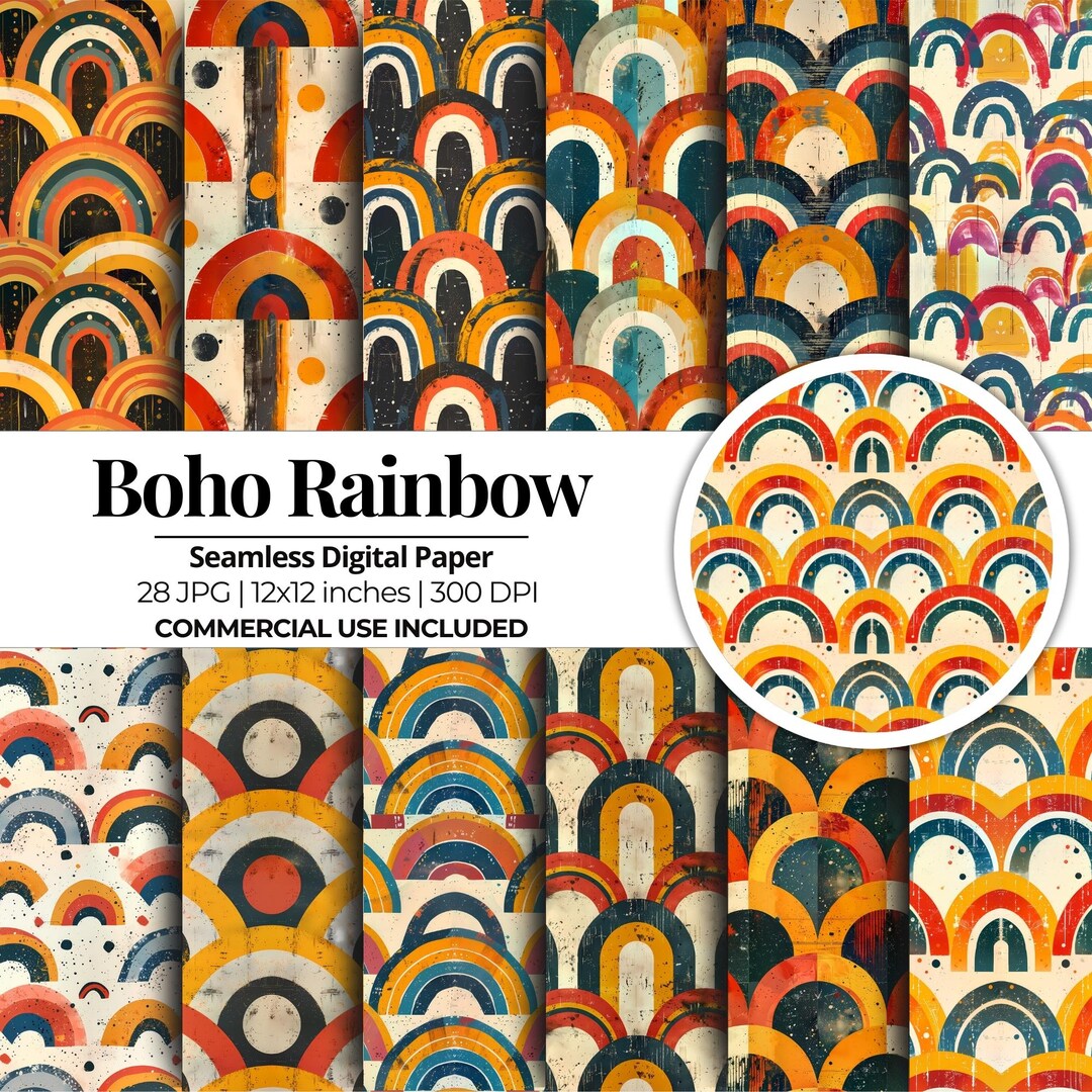 Boho Rainbow Digital Paper: Seamless Vintage Patterns (commercial Use ...