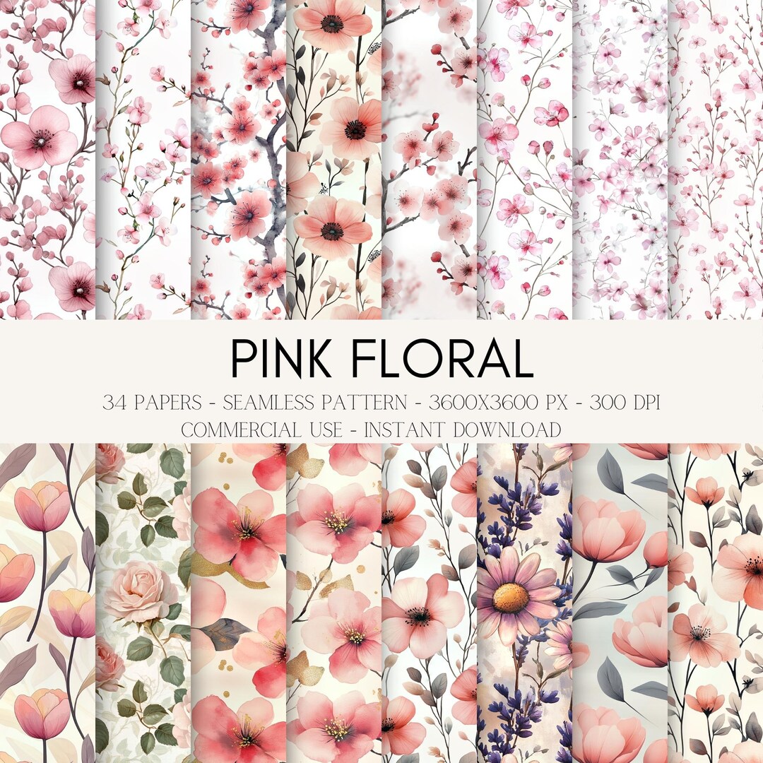 Pink Floral Seamless Digital Paper: Watercolor Scrapbook Patterns (34 ...