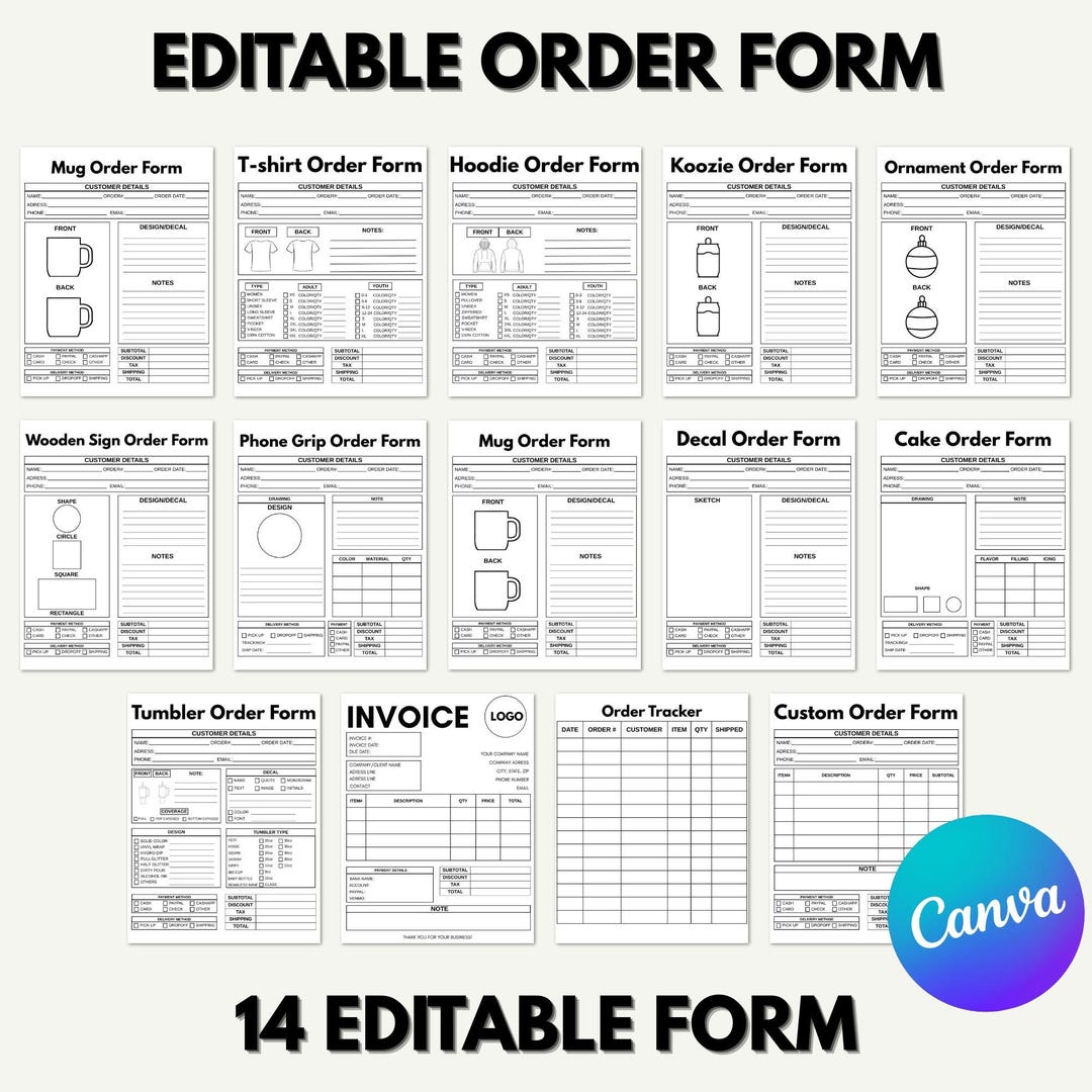Editable Order Forms Bundle – T-shirt, Tumbler & Invoice Template Kit ...